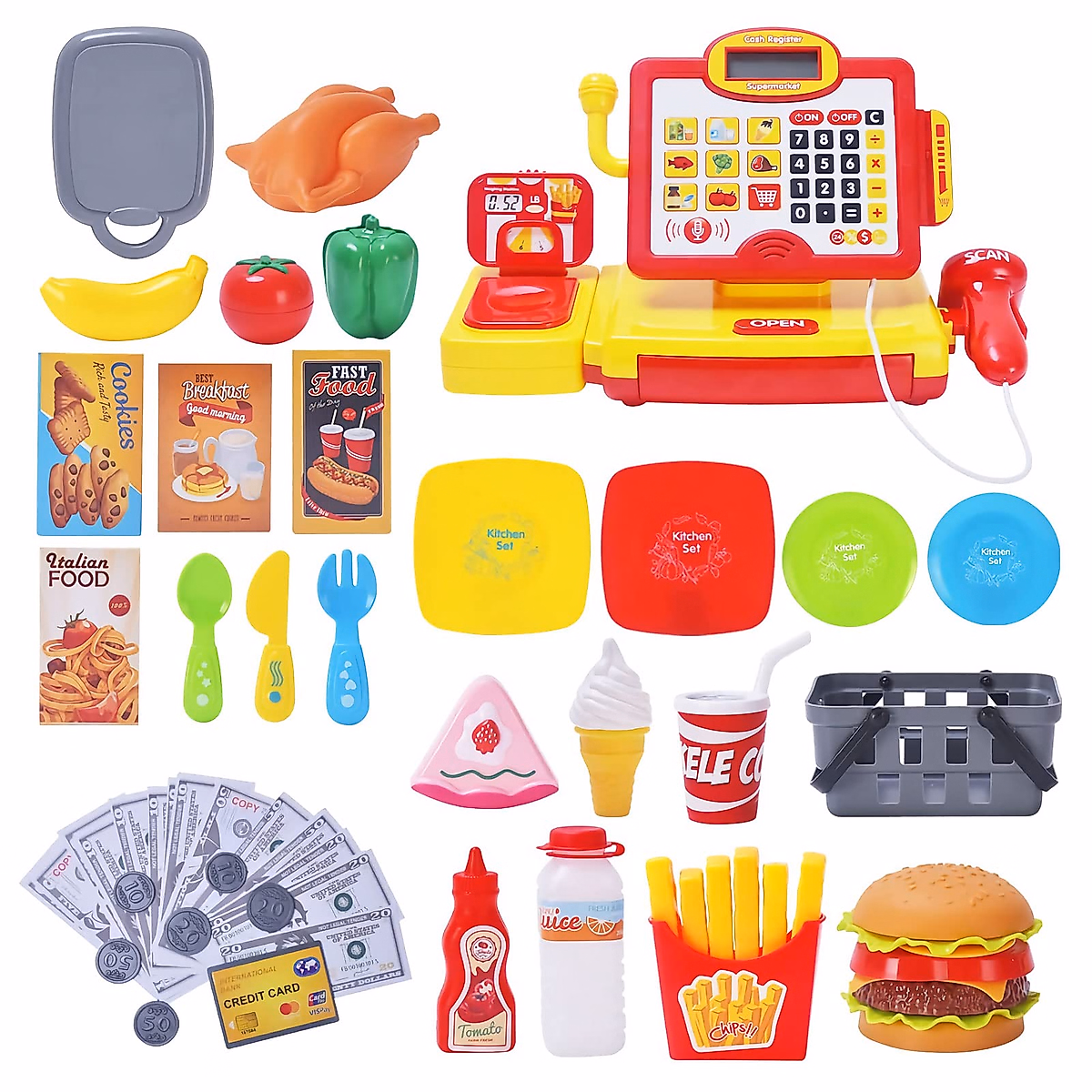 FS Pretend Play Cash Register Toy with True Barcode Scanner & Calculator, Microphone, Play Food, Supermarket Cashier, Great Pre-School Gift Cash Register for Kids Boys & Girls, Ages 3 4 5 6 8