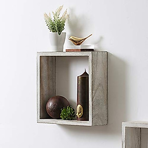 KMwares Set of 3 (12“/10”/8“) Rustic White Grey Paulownia Wood Square/Cube Farmhouse Floating Shelves Wall Mounted Storage/Bookshelf/Shadow Wall Boxes - Decoration for the Living Room, Bedroom, Office