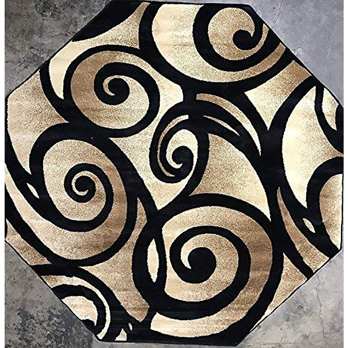 Bellagio Modern Octagon Contemporary Area Rug Black Swirl Design 341 (4 Feet X 4 Feet )