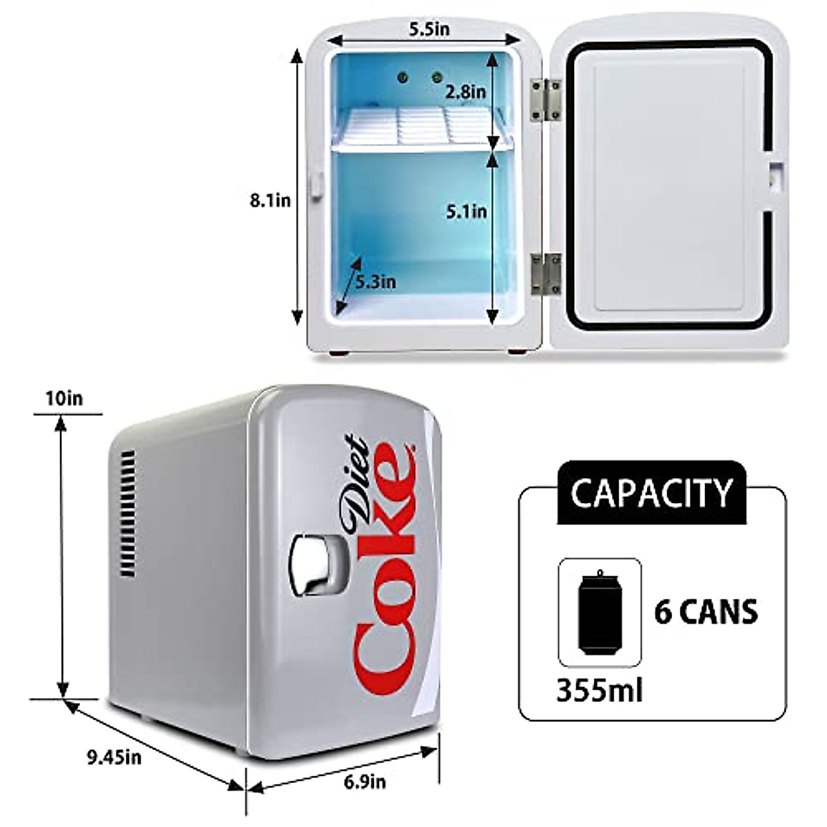 Coca-Cola Diet Coke DC04 4 Liter/4.2 Quarts 6 Can Portable Mini Cooler/Fridge, Beverages, Baby Food, Skincare and Medications-Use at Home, Office, Dorm, Car, RV or Boat-with AC & DC Plugs, Gray