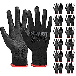 HPHST PU Coated Safety Work Gloves, 12 Pairs Work Gloves Mechanic Working Seamless Knit Glove for Men Women with Polyurethane Coated Smooth Excellent Grip on Palm&Fingers - Black (Large)