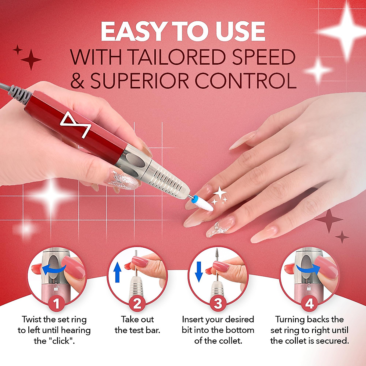 M Max - Nail Drill Professional - 2-in-1 Brushless Motor Nails Drill Machine - Electric, Cordless, Aluminium Alloy Casing, 35000 RPM, HD Display - Perfect for Salon & Home Use (Red)