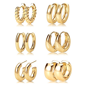 Gold Hoop Earrings Set 14k Real Gold Plated Huggie Earrings Hypoallergenic Chunky Twisted Thick Jewelry for Multiple Piercing for Women (gold hoop style01)