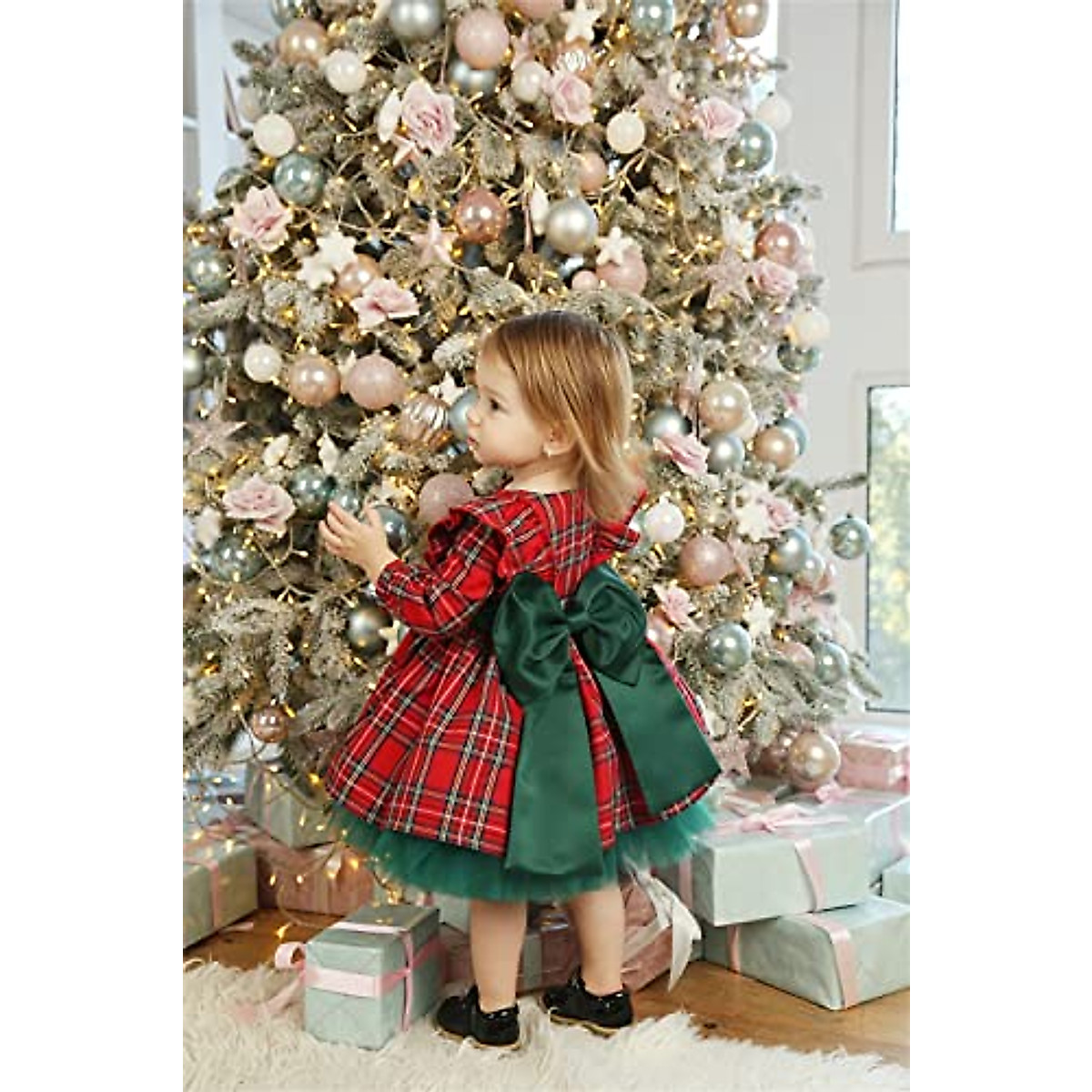 Toddler Christmas Dress Baby Girl Red Plaid Dresses and Green Tutu Xmas Outfit with Ruffle Princess Bowknot (Vintage Red Green,4-5T)