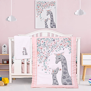 Jupeollon Crib Sets for Girls Giraffe Floral Baby Nursery Crib Bedding Set for Girl Toddler 4Piece Included Crib Comforter Fitted Sheet Crib Skirt Blanket Pink White