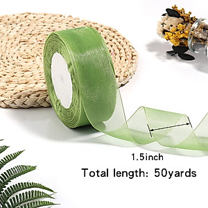 Hiswan 1.5 inch Sheer Organza Ribbon Sage Green Chiffon Ribbon for Gift Wrapping Christmas Halloween Decoration Wedding Flower Bouquet Crafts 50 Yards