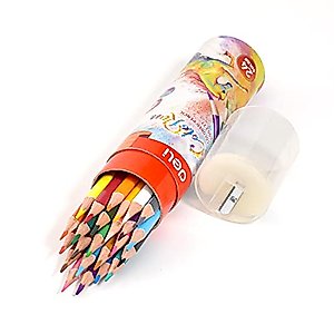 Deli 24 Colored Pencils Set, Coloring Pencils with Sharpener for Drawing, Painting and Sketching, Pre-sharpened Vibrant Pencils with Storage Tube, Easy to Color Books for Students, Teachers, Adults