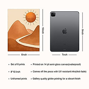 Gisipameis Boho Wall Art Set of 6, Mid Century Modern Decor 8" x 10" Unframed, Sun Moon Palm Leaf Black Beige Neutral Abstract Geometric Boho Wall Decor Canvas Prints for Bedroom Living Room Bathroom (Orange)