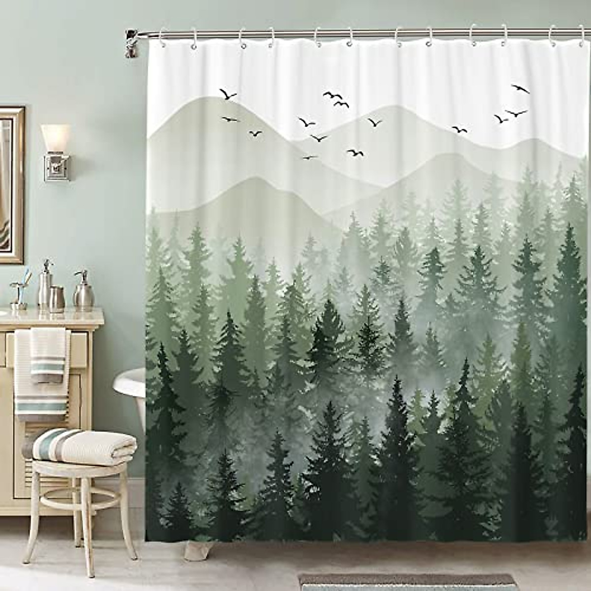 Accnicc Green Misty Forest Shower Curtain Set Ombre Sage Green White Waterproof Fabric Nature Tree Mountain Woodland Decorative Bathroom Bath Curtain Decor (72'' × 72'', Green)