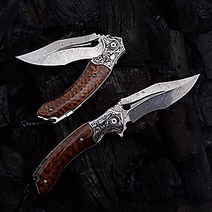 SPIRIT DEED Japanese VG 10 Damascus Steel Folding Knife, Outdoor Wilderness Survival Pocket Knife, Snake Wood Handle Lined Lock, Leather Sheath, EDC Pocket Knife