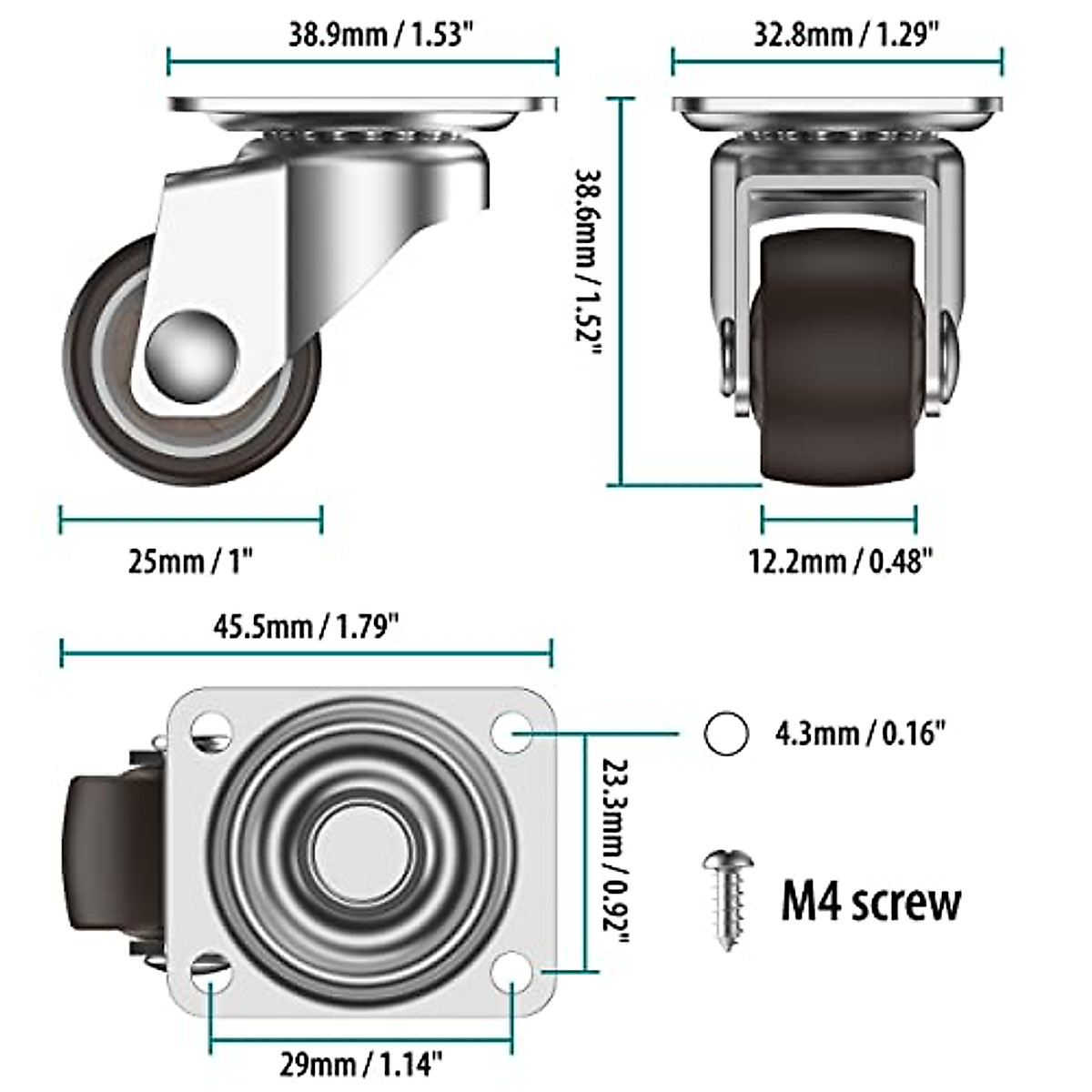 1 inch Small Caster Wheels for Furniture Small Casters Set of 4 Total Capacity 90lbs (No Brake)