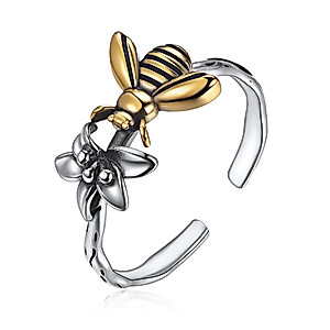 Retro 925 Sterling Silver Cute Bee & Flower Knuckle Ring Oxidized Ring Open Adjustable Thumb Rings for Women