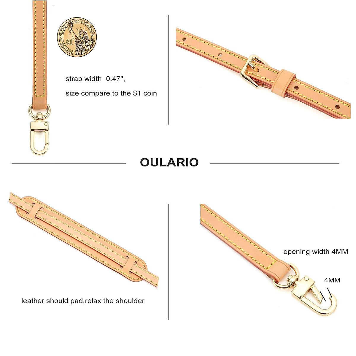 OULARIO Vachetta Leather Adjustable Crossbody Strap for Pochette Small Bags Favorite Mini NM Eva PM MM (Vachetta Leather Strap with Shoulder pad)