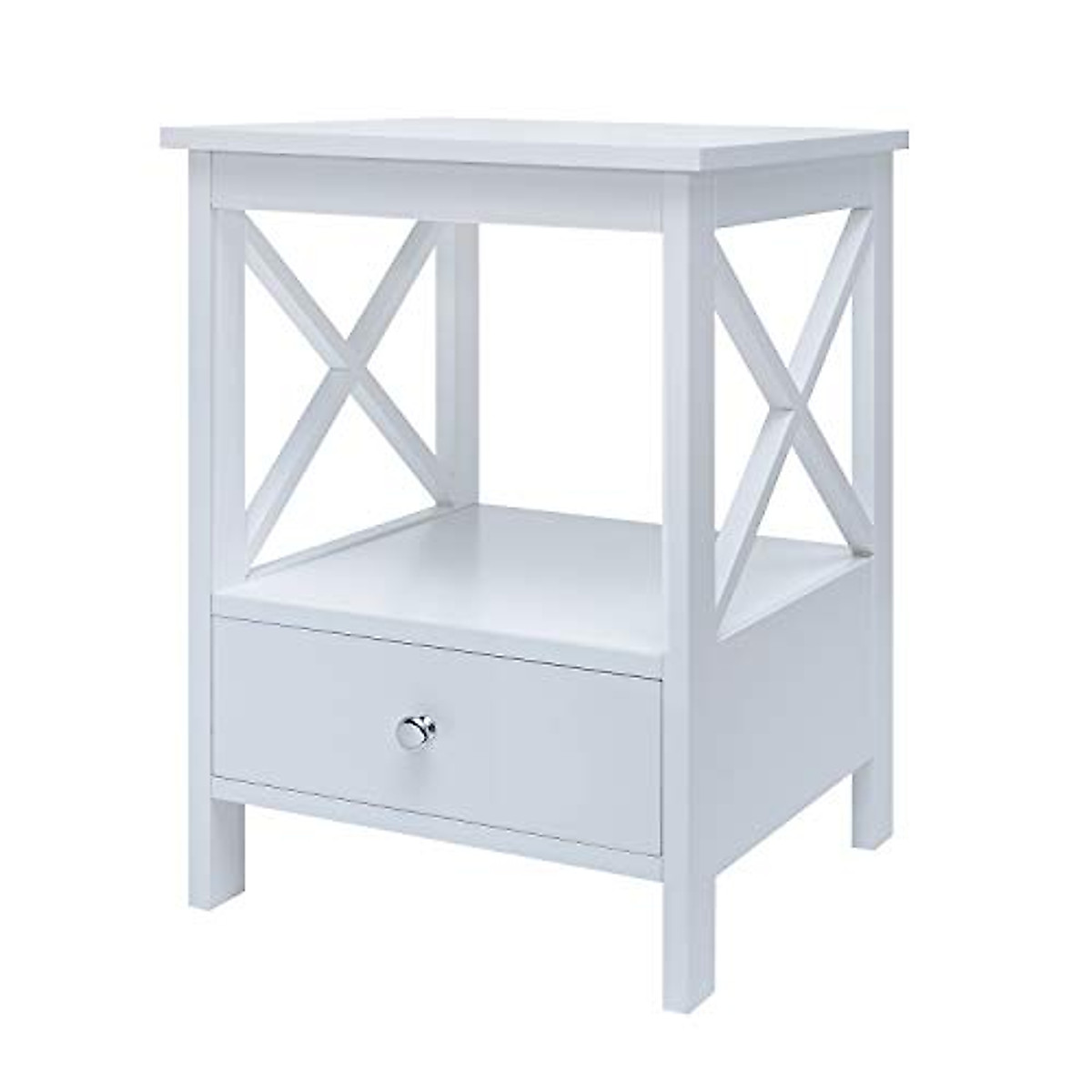 RAAMZO White Finish Nightstand Side End Table with Drawer and X-Design Sides