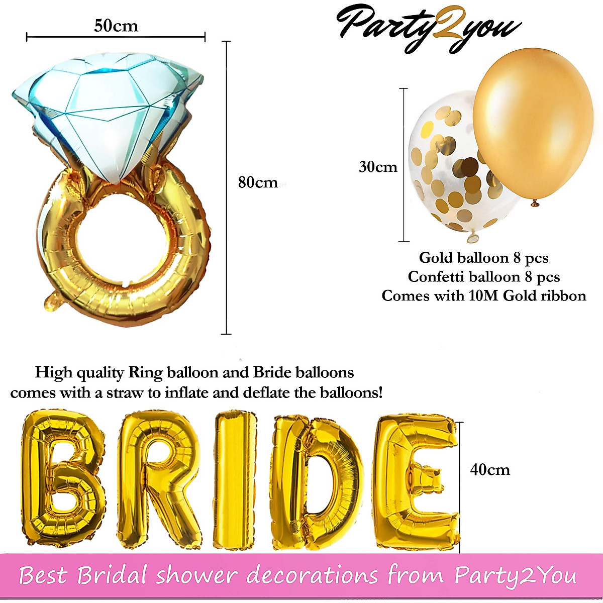 PARTY2YOU Bachelorette Party Gold Decorations | Bridal Shower Supplies Kit - Bride Sash, XL Ring Balloon, Gold Curtain, BRIDE, Latex Balloons, eco Friendly Gold Straws