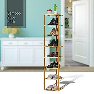 MoNiBloom 8 Tier Shoe Rack, Bamboo Narrow Vertical Single Pairs Shoe Storage Space Saving Tall Shoe Organizer for Small Spaces Corner Bedroom Entryway Balcony, Natural