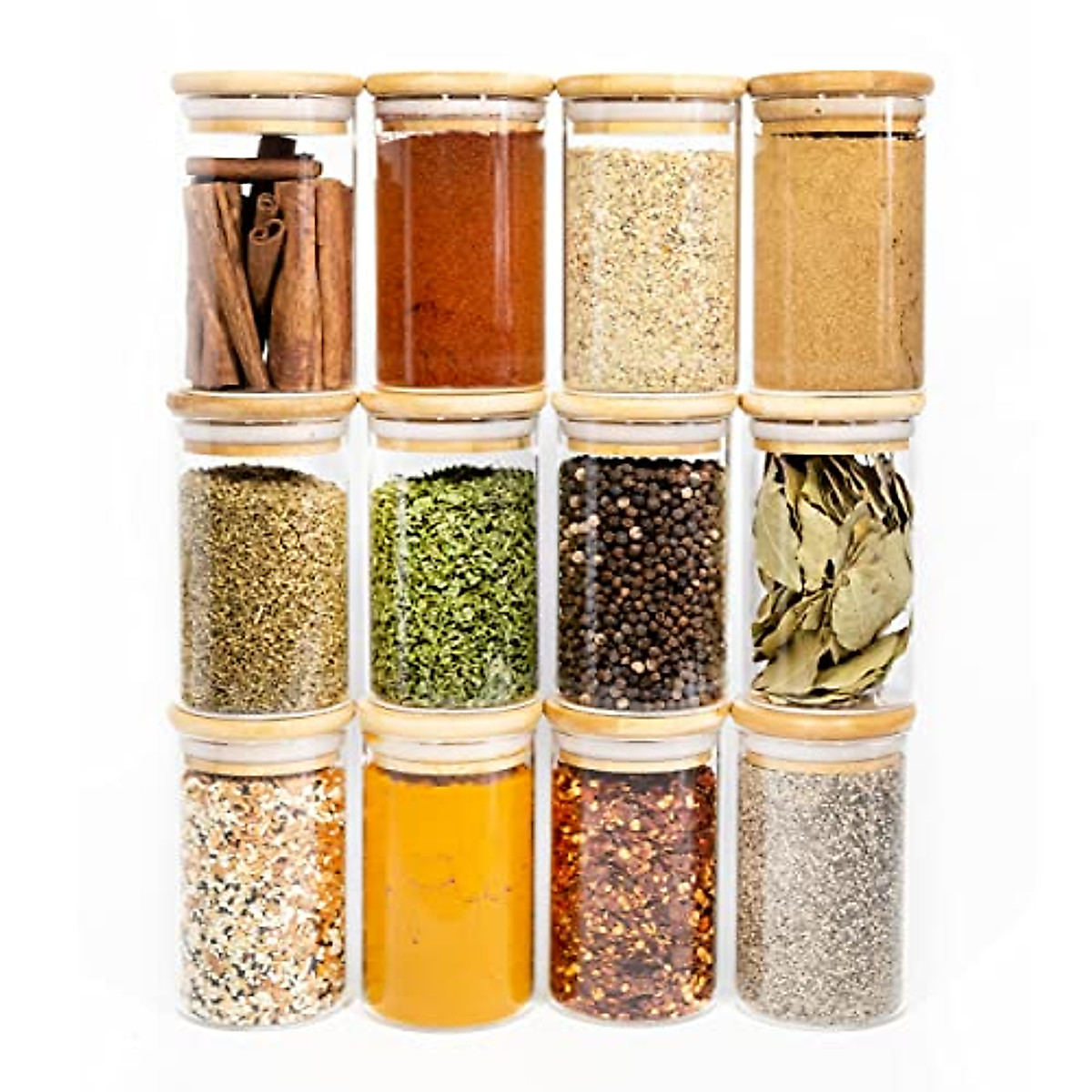 SAVVY & SORTED 12 Natural Bamboo Spice Jars | Large Spice Jars with Bamboo Lids | Seasoning Containers Glass Jars with Airtight Lids | Spice Jars Natural Bamboo Containers Kitchen Herb Pantry Jars