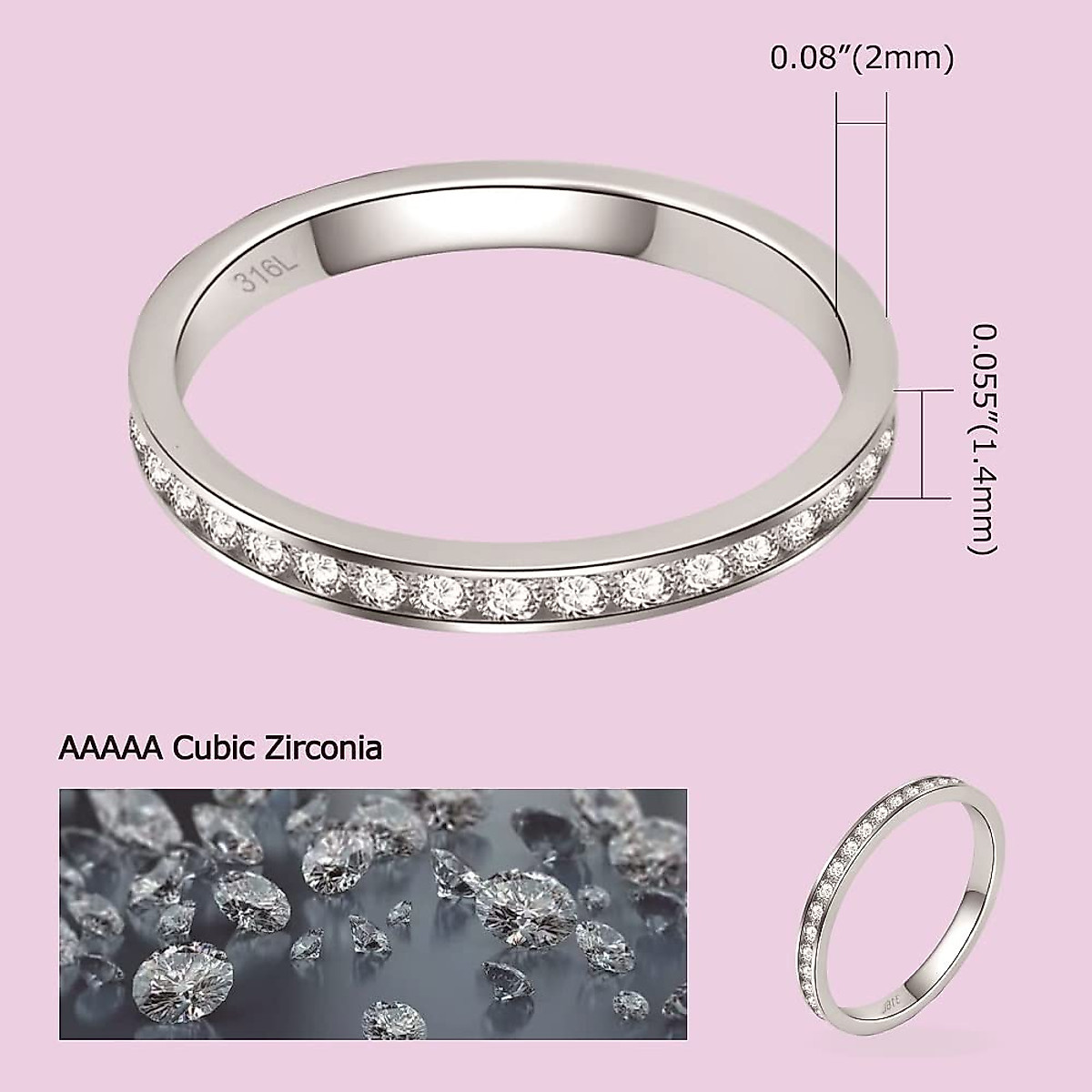 Women's Stainless Steel (316L) Stackable Band Ring, 2mm Wide, Full Eternity Ring. Cubic Zirconia (CZ) Wedding Band Ring, Size 5-10, Channel Setting