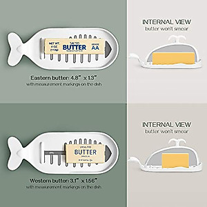 DOWAN Porcelain Butter Dish With Cutting Measuring Line, Large Whale Butter Dish with Cover of Non-slip Design, Ceramic Butter Dishes with Handle for East/West Coast Butter, White