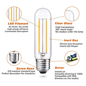 AIELIT Vintage T10/T30 LED Bulb 25 Watt Equivalent, Warm White 2700K, 200 Lumens, E26 Base, 2W Dimmable Led Tubular Bulbs, Classic Filament Edison Bulb for Pendant Lights Chandelier, 3-Pack