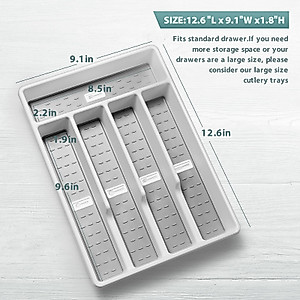 Joequality Silverware Organizer with Icons，Plastic Cutlery silverware Tray for Drawer，Utensil Flatware Tableware Organizer for Kitchen with Non-slip TPR,Fits Standard Drawer,5-Compartment，Grey