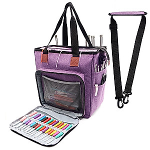 Fangze Yarn Bag-Knitting Bags Upgraded Yarn Tote Bag Organizer Crochet with Grommets and Belt for Crochet Hooks,Knitting Needles And Accessories(Purple)