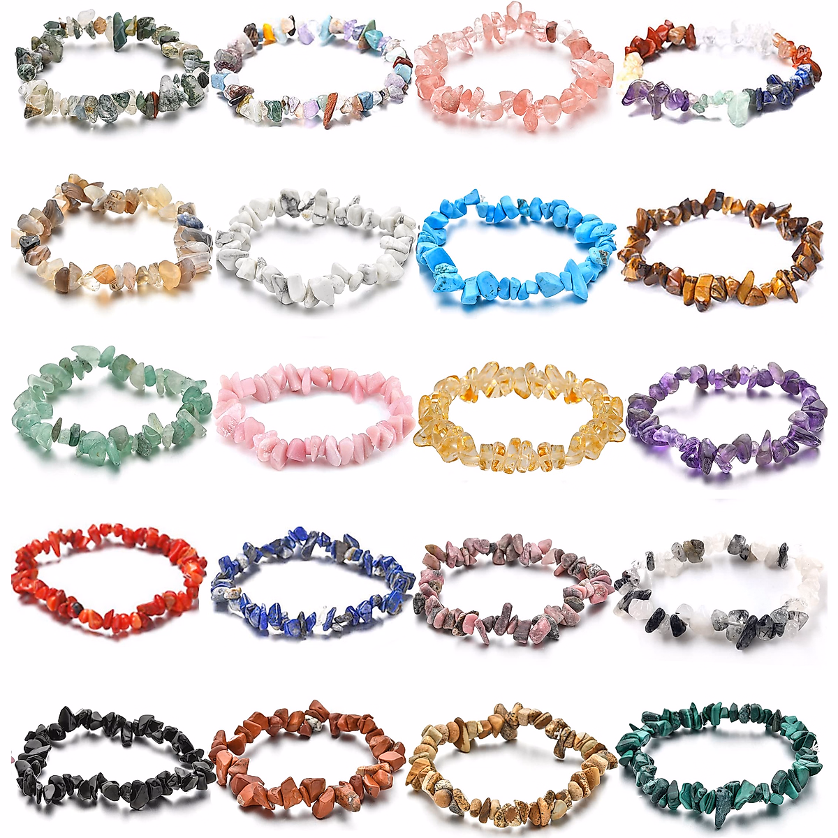 SAMOCO 20 PCS Natural Gemstone Bracelets Chakra Crystal Irregular Chips Beads Stretch Bracelets for Women Align Chakras Promote Communication