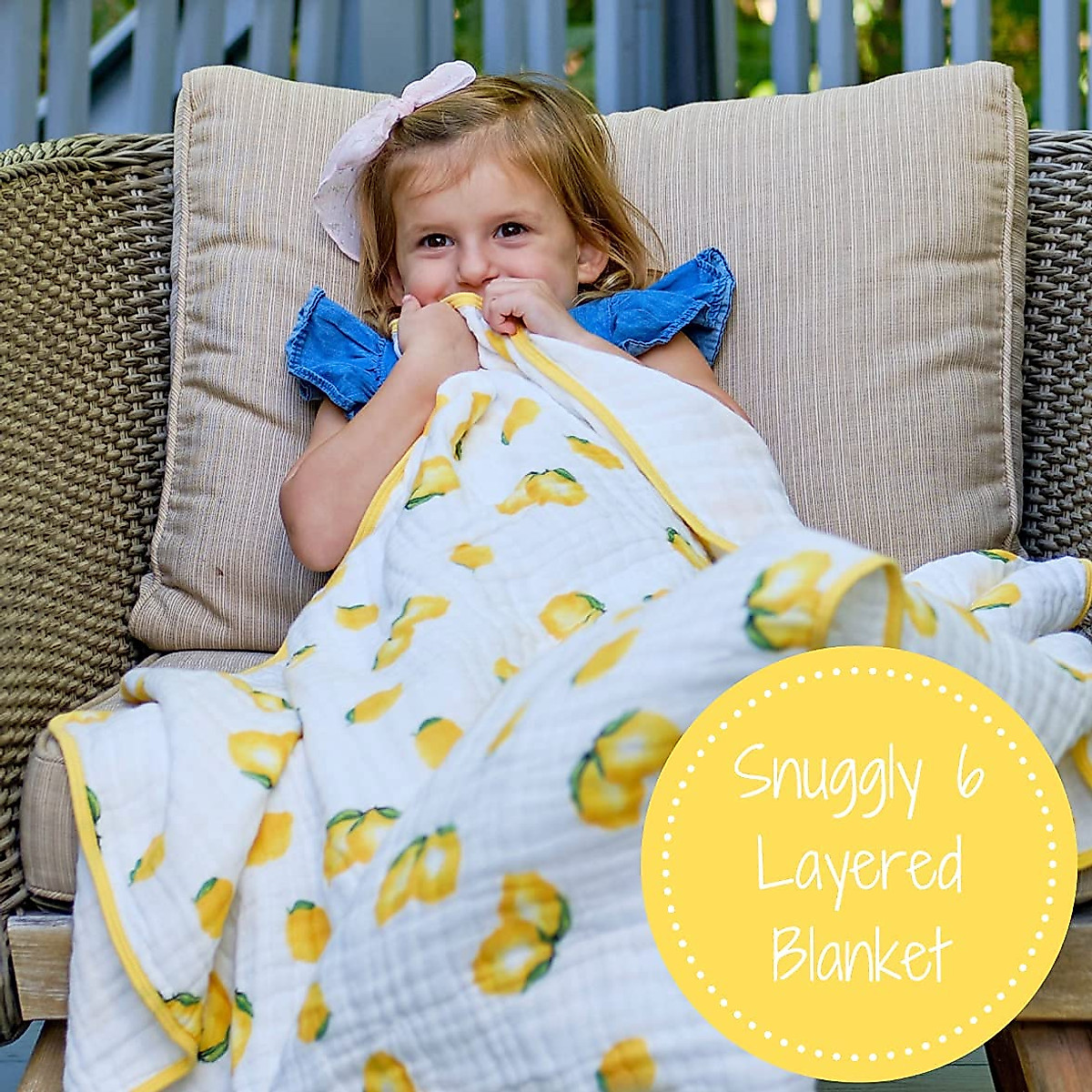LollyBanks Muslin Baby Quilt, 100% Cotton Baby Blanket for Boys and Girls, Large 47 x 47 Inches Versatile Crib Blanket, 6 Layers Newborn Blanket, Durable Baby Bedding, Registry (Sunny Lemon Print)