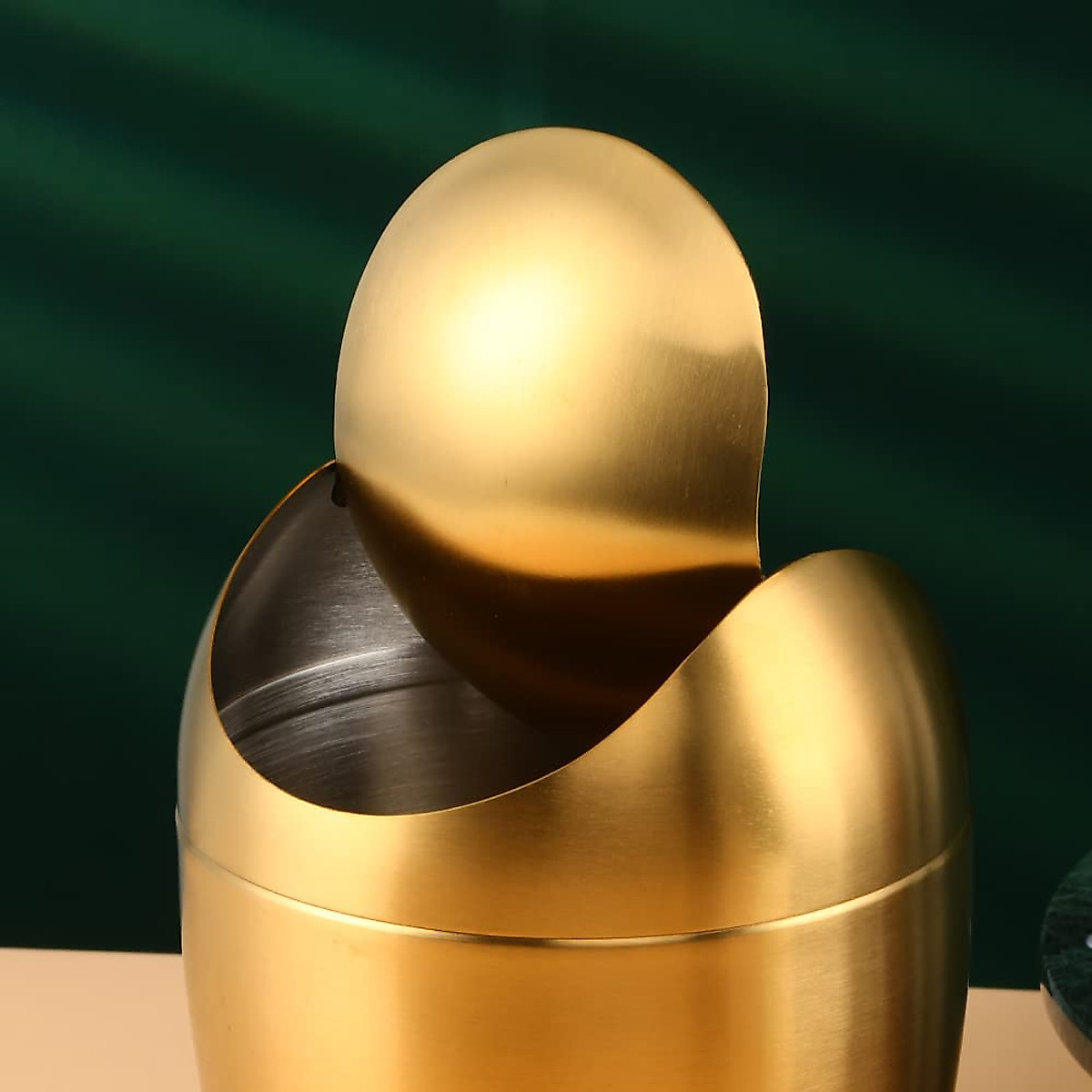 Mini Desktop Trash Can With Swing Lid, Gold Metal Garbage Can, Premium Stainless Steel 18/10 Reusable Waste Bin For Kitchen Bathroom Office Dressing Table Counter Top, Egg Shaped(Gold, 0.4 Gallon)