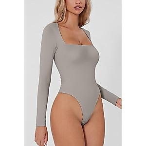 QINSEN Women's Sexy Square Neck Bodysuit Long Sleeve Double Shirt Tops Light Quiet Gray S