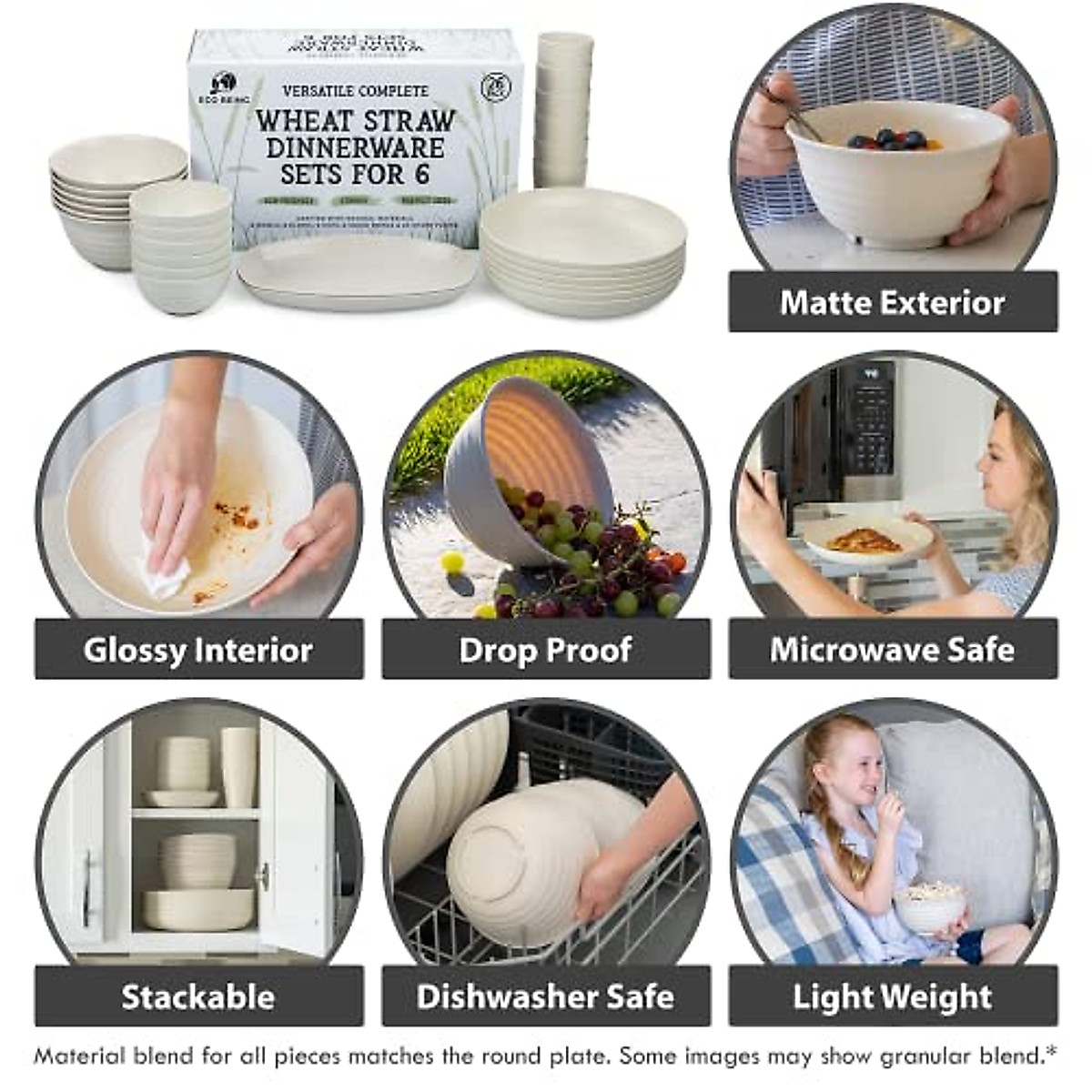 Eco Being Wheat Straw Dinnerware Set for 6 - Light and Unbreakable Plates, Cups, Bowls and Share Dishes. Stackable and Sturdy, Microwavable and Dishwasher Safe Dishes in Beige.