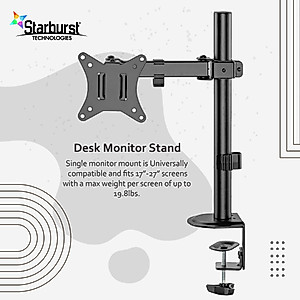 Starburst Technologies Flexion Series Desk Mount Monitor Stand, Heavy Duty Fully Adjustable Stand for LED-LCD Monitor up to 27" w/Grommet Desk Mount, Single-Monitor Steel Articulating Monitor Mount