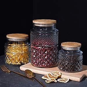 Glass Storage Jars, Kitchen Food Containers with Bamboo Lids, Airtight Embossed Mason Jar, Decorative Cereal Canisters for Candy Snack Cookies Coffee Tea Nuts Bean Countertop(Set of 3,20/40/60)