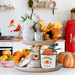 Fall decor - Pumpkin Spice Ceramic Canister with Wooden Beads Spoon Fall Decorations for Home Farmhouse Table Autumn Thanksgiving Tiered Tray, Candy Holder with Lid for Cookie Snacks House Warming