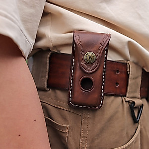 Tourbon EDC Leather Pocket Folding Knife Sheath 3.8 Inch Blade Carrier Holster Flashlight Holder Case for Belt