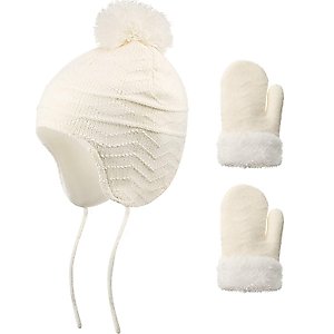 Winter Toddler Hat and Mittens Knit Earflap Hat and Fleece Mitten Gloves Set for Baby Boys Girls (White, 1-3 Years)