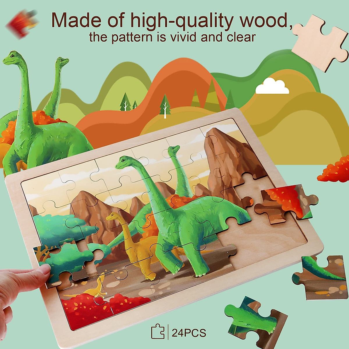 BESTAMTOY Wooden Dinosaur Puzzles for Kids Ages 3-5.4 Packs 24 PCs Jigsaw Puzzles Preschool Educational Brain Teaser Boards Toys Montessori Toys for 3 Years Old and Up
