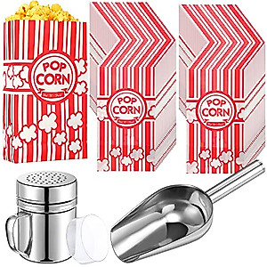 202 Pcs Popcorn Machine Supplies Set, 200 Pcs 2Oz Retro Style Disposable Oilproof Popcorn paper Bags Bulk with 304 Stainless Steel Popcorn Scoop, 304 Stainless Steel Season Salt Shaker with Handle Lid