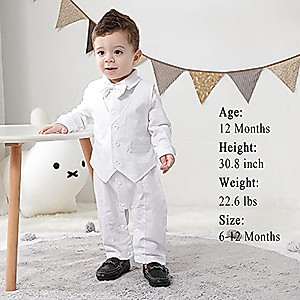 HOSUKKO Baptism Outfits for Boys, Long Sleeve One-Piece Romper & Vest & Beret & Bow Tie Sets, Infant Baby Boy Christening Outfit (White,6-12M)