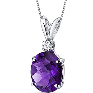 PEORA Solid 14K White Gold 2 Carats Amethyst with Diamond Pendant for Women, Genuine Gemstone Solitaire, Oval Shape 10x8mm