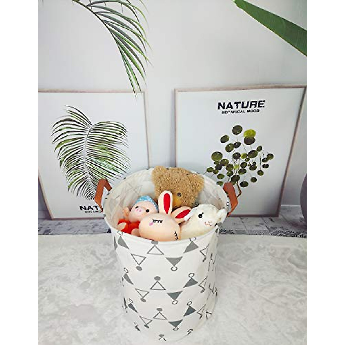 ASKETAM Fabric Laundry Basket Canvas Laundry Hamper for Dirty Clothes Toy Organizer Kid Nursery Room Decor Basket (Gray round triangle)