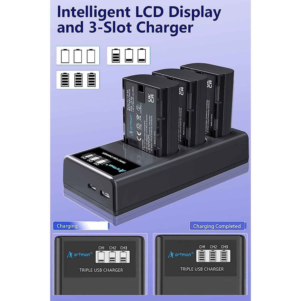 Artman 3-Pack 2750mAh LP-E6 LP-E6N Batteries and 3-Slot LCD Charger Compatible With Canon EOS R6 R5 R 90D 80D 70D 60D 60DA 6D 6D Mark II 5D Mark II/III/IV 5DS 5DS R 7D 7D Mark II XC15 XC10 BMPCC 4K/6K