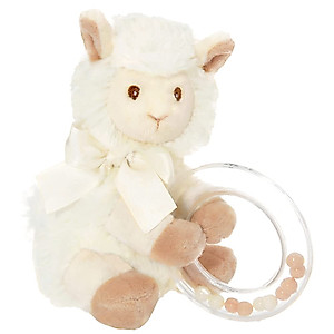 Bearington Baby Lil’ Alma Stuffed Animal Rattle: 5.5” Llama Shaker Toy with Soft Plush Faux-Fur, Satin Bow, Clear Ring and Moving Beads; Makes a Great Baby Shower Gift