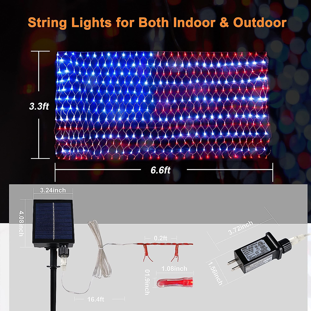 MUYUN American Flag Lights Solar Powered&Plug-in, 420LED Flag Net Light with Remote, 8 Modes Fairy String Light for Christmas Decorations Party Home Decor July 4th Independence Day