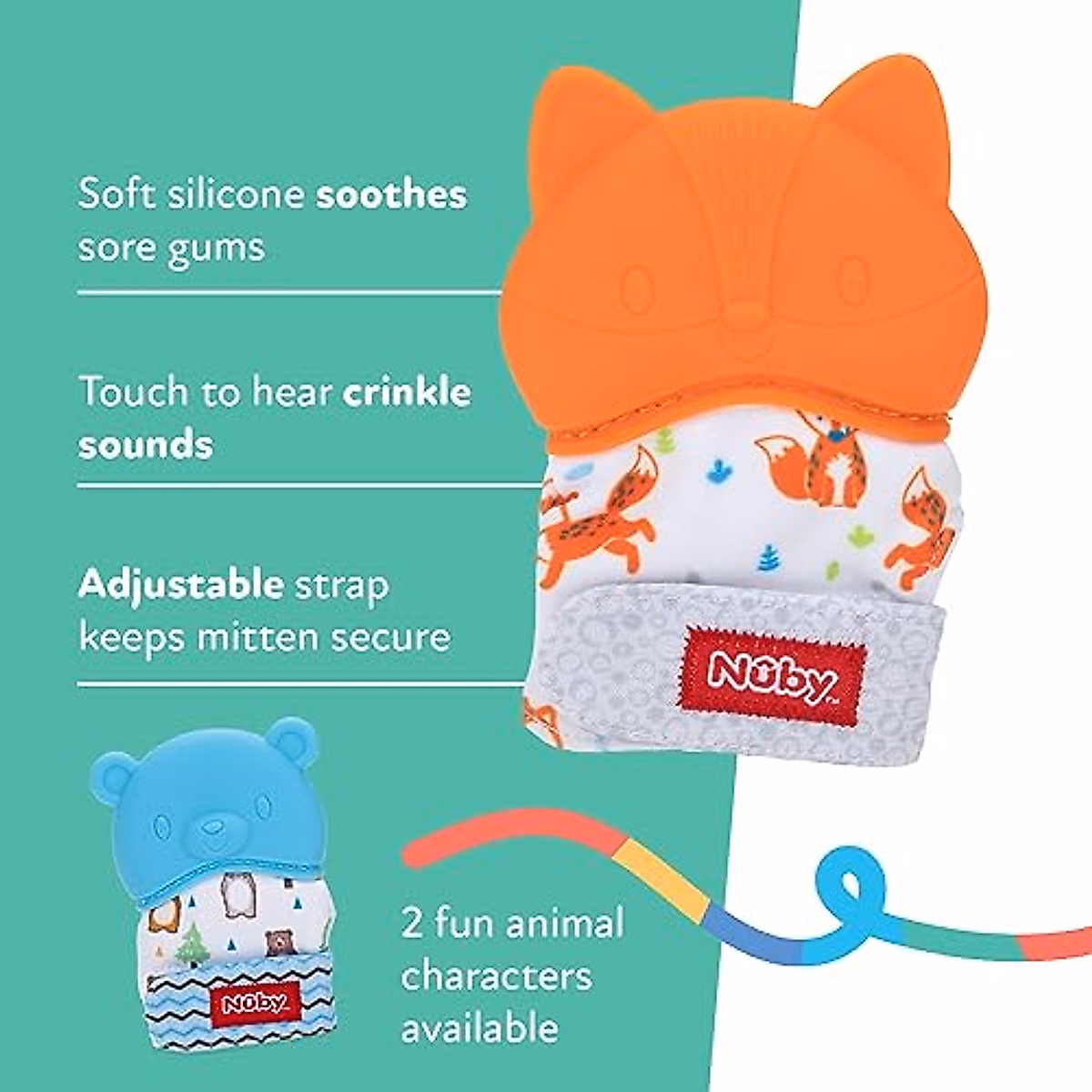 Nuby Happy Hands Silicone Teething Mitten - Baby Teething Toy - 3+ Months - Fox
