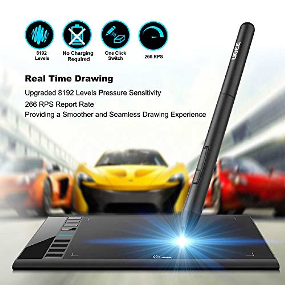 UGEE M708 10 x 6 inch Large Drawing Tablet with 8 Hot Keys, Passive Stylus of 8192 Levels Pressure, Graphics Tablet for Paint, Design, Art Creation Sketch
