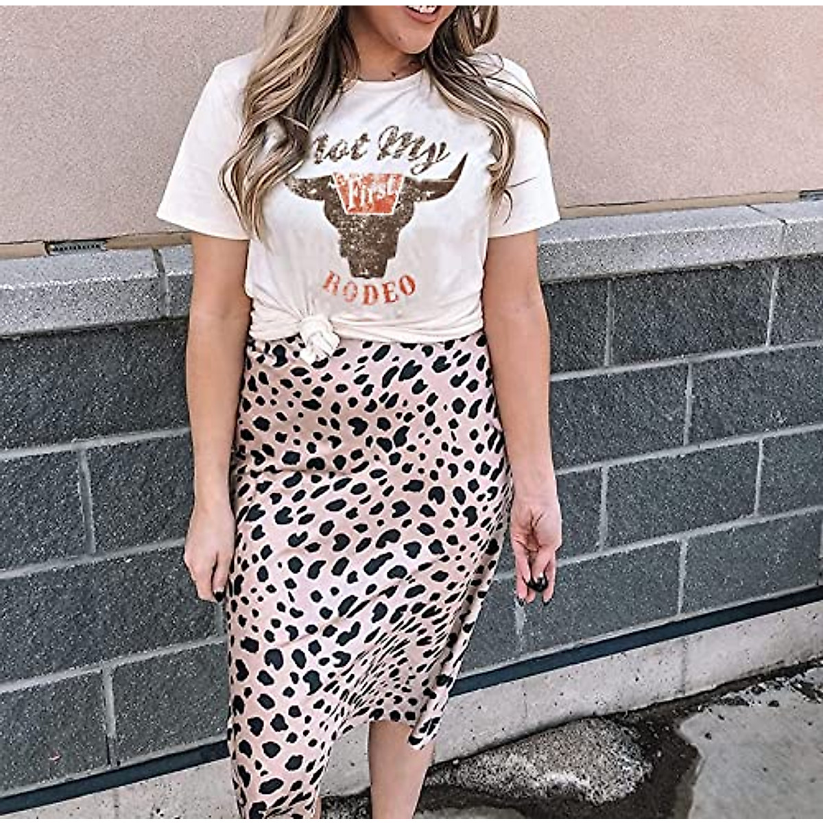 GEMLON Not My First Rodeo Cowgirl Western T-Shirt Tee Womens Casual Country Concert Short Sleeve Shirt Tops Apricot M