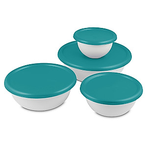 Sterilite 8-Piece Covered Bowl Set, 4 Plastic Bowls Ranging in Size w/ 4 Lids, Food Storage, Dishwasher and Microwave Safe, White and Teal lid, 6-Pack
