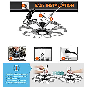 CODAFUL LED High Bay Light 8 Panels 300W LED Garage Lights with US Plug 5ft Cable 85-277V, Light for Wet Location Warehouse Residential Barn Factory Workshop, Shop Lighting (250W-1Pack, Silvery)