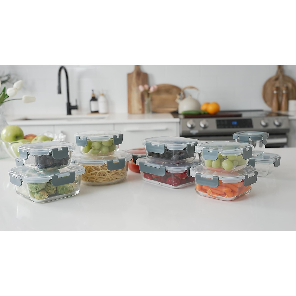 KOBWER 26 Pieces Glass Food Storage Containers with Lids BPA Free Glass Meal Prep Airtight Glass Container Set Microwave Oven Dishwasher Oven Safe Durable Leak Resistant Stackable